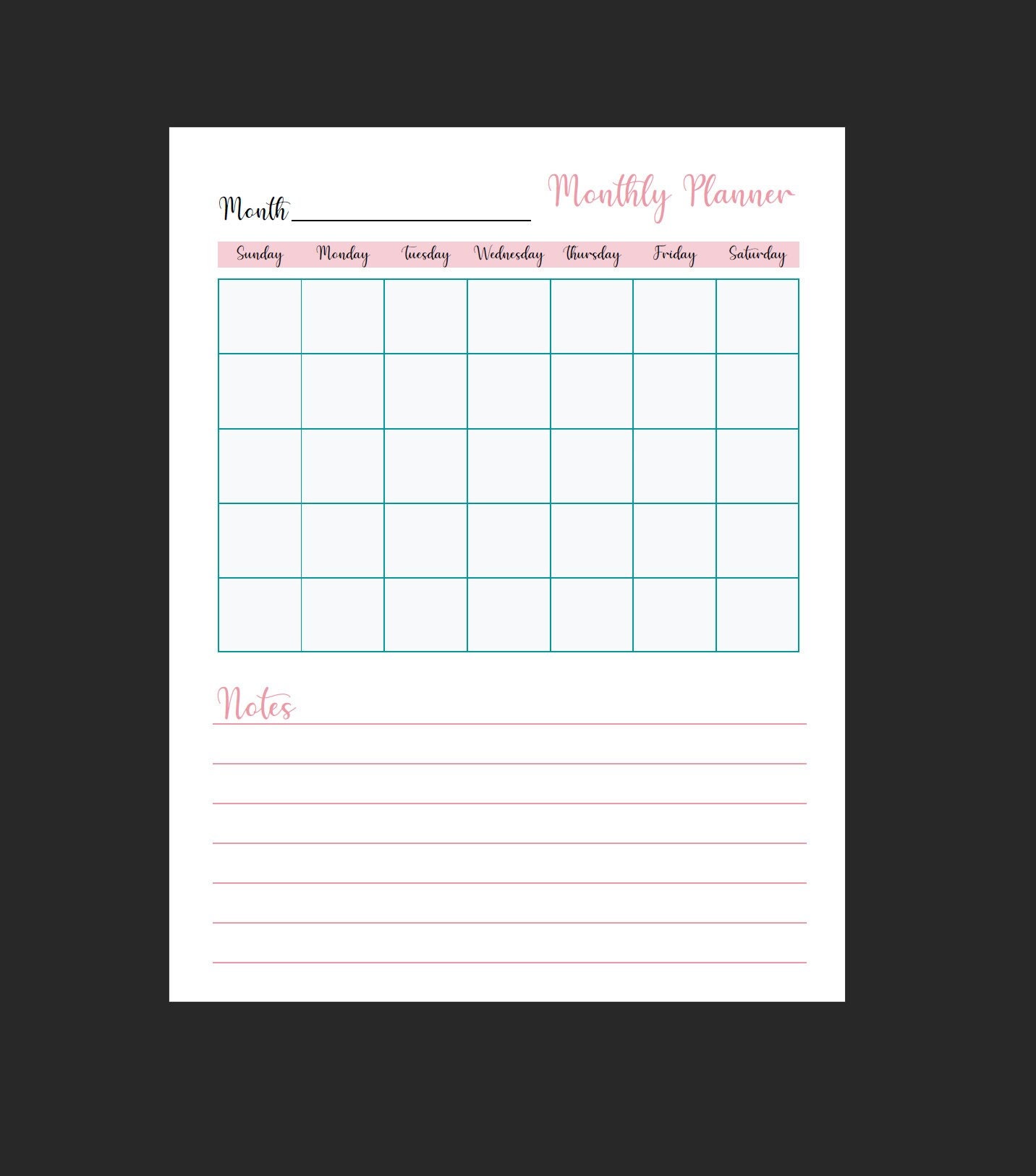 Monthly Planner Calendar - PDF Digital Download - Downloadable ...