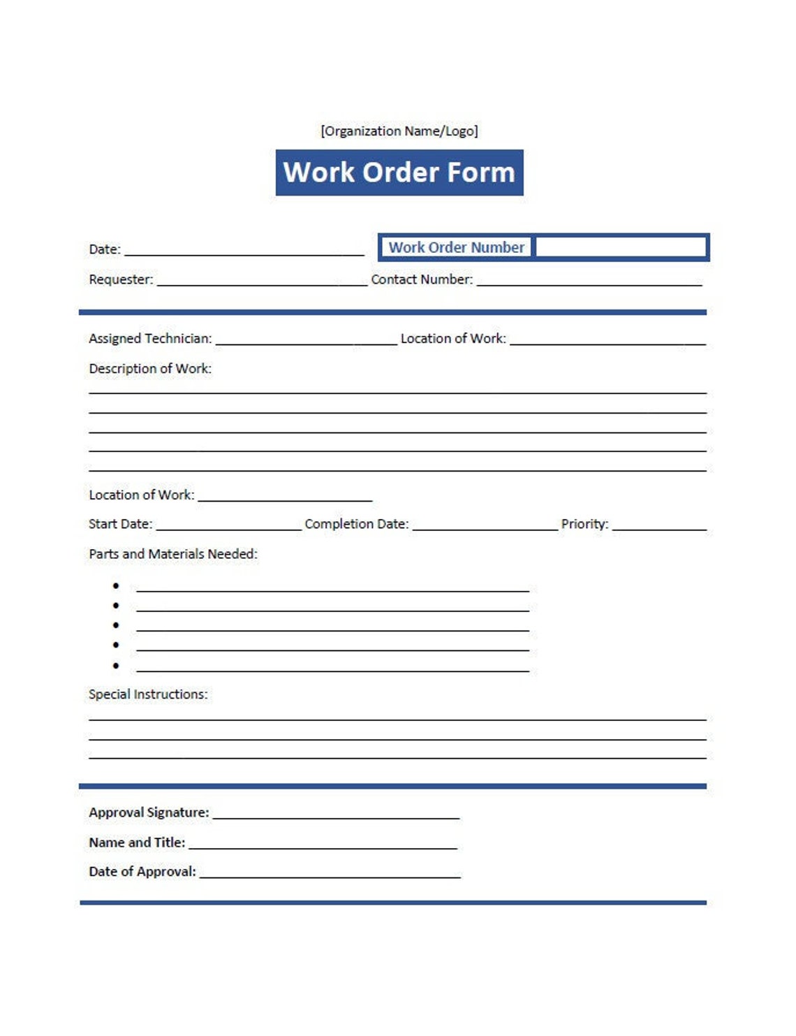 Simple Work Order Form Template (word, Editable, Printable) - Etsy