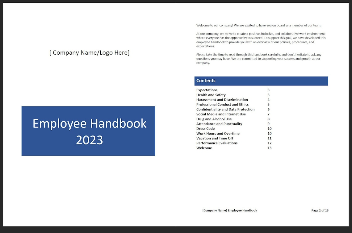 Employee Handbook Template (word, Downloadable, Editable, Printable) - Etsy
