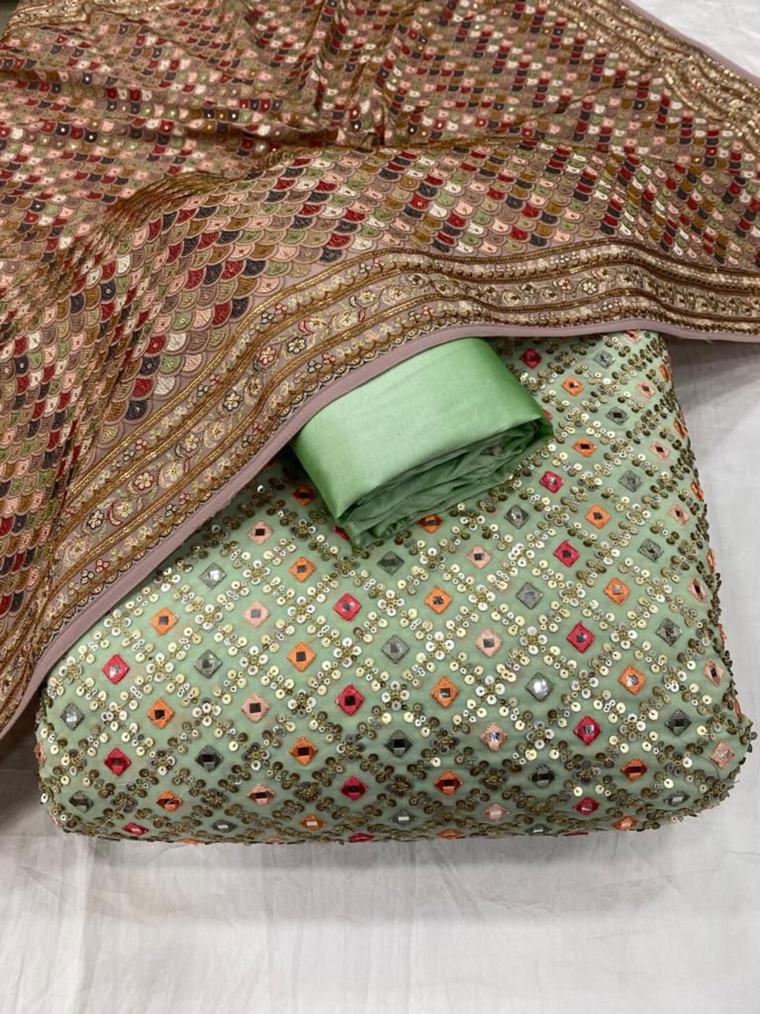 Light Green Colour Suit Fabric With Jamawar Kashmiri Dupatta With ...