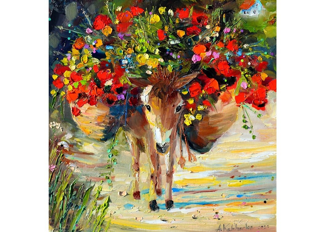 Donkey Art. Print Donkey With Baskets of Flowers, Farm Animals ...