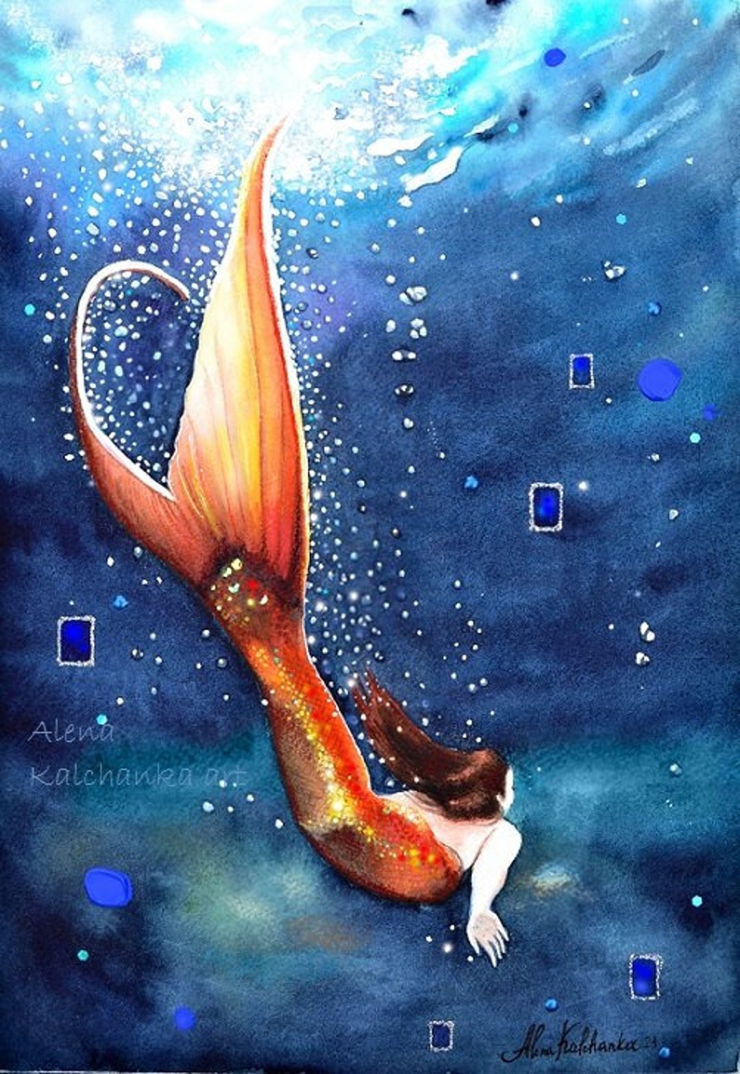 Mermaid Painting, Fairy Tale Little Mermaid Illustration, Orange ...