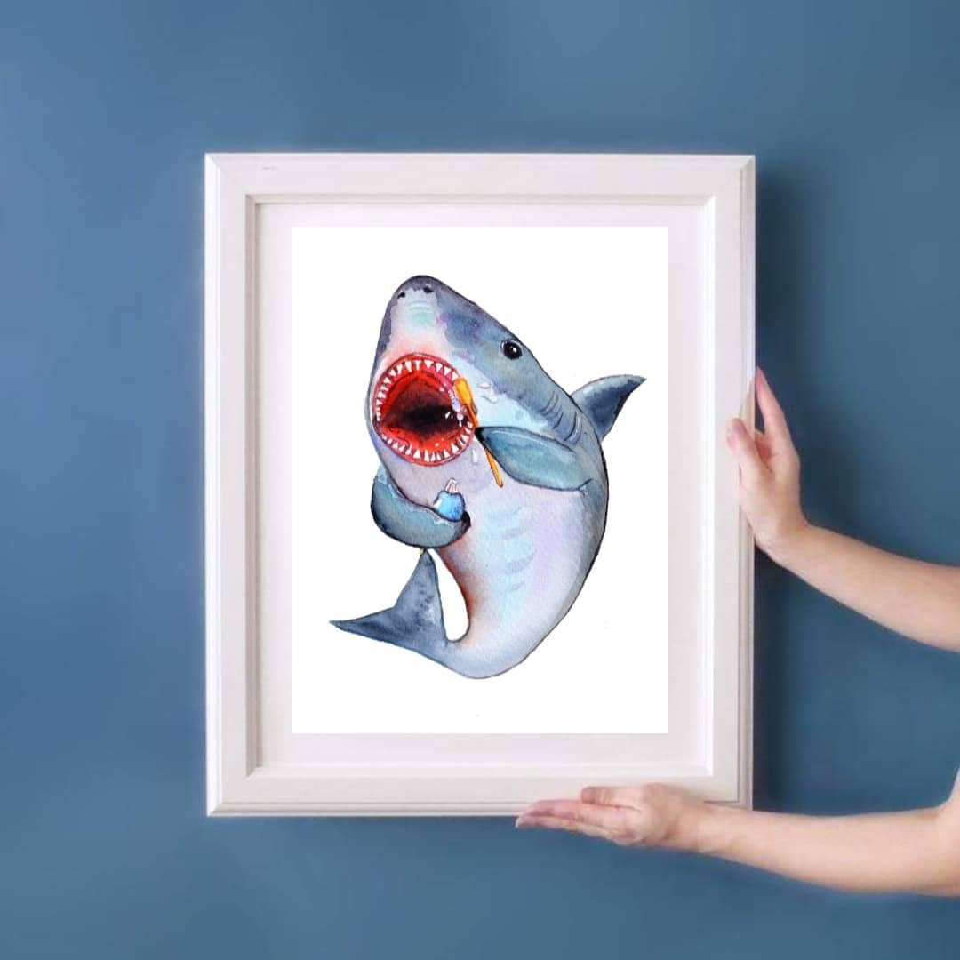 White Shark Bathroom Art, Shark Washes Teeth, Toothpaste Art, Shark ...