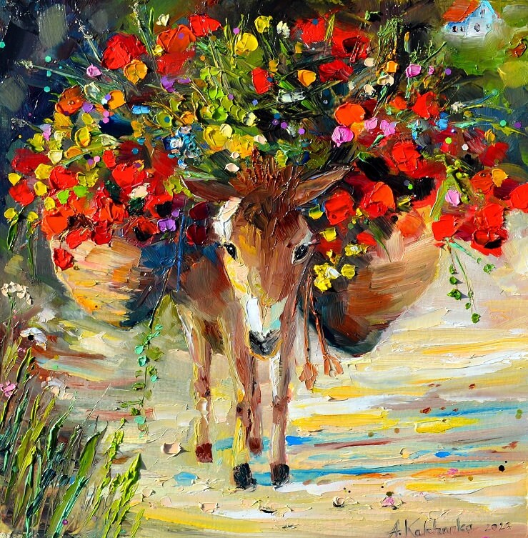 Donkey Art. Print Donkey With Baskets of Flowers, Farm Animals ...