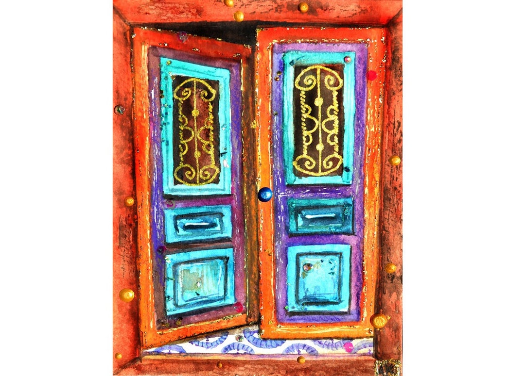 Colorful Door Print of Antique Door, Rustic Door Art Watercolor Print ...