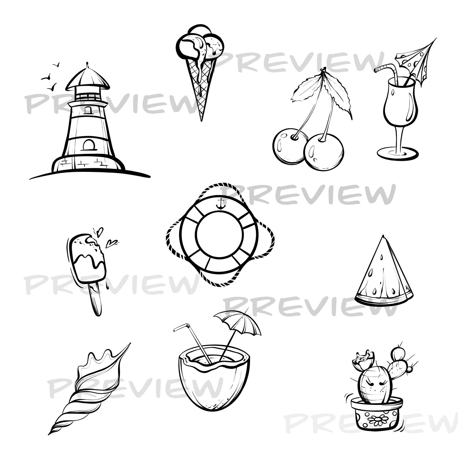 Summer Digital Stamps, Sea Beach Doodle Cliparts, Floral Png, Cocktail ...