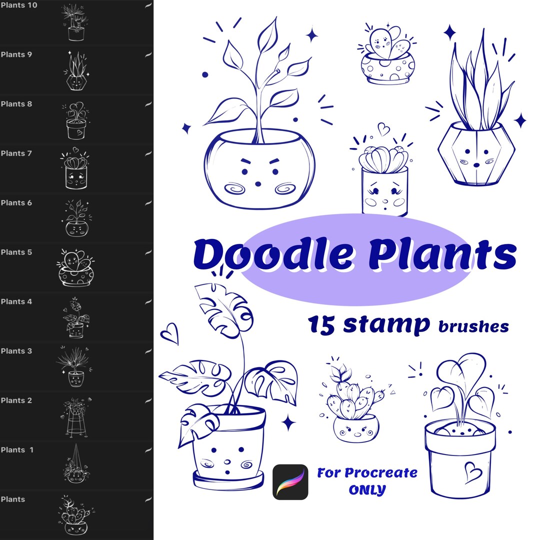 Plants Stamp Brushes for Procreate, Doodle Plants Stamps, Doodle Plants ...