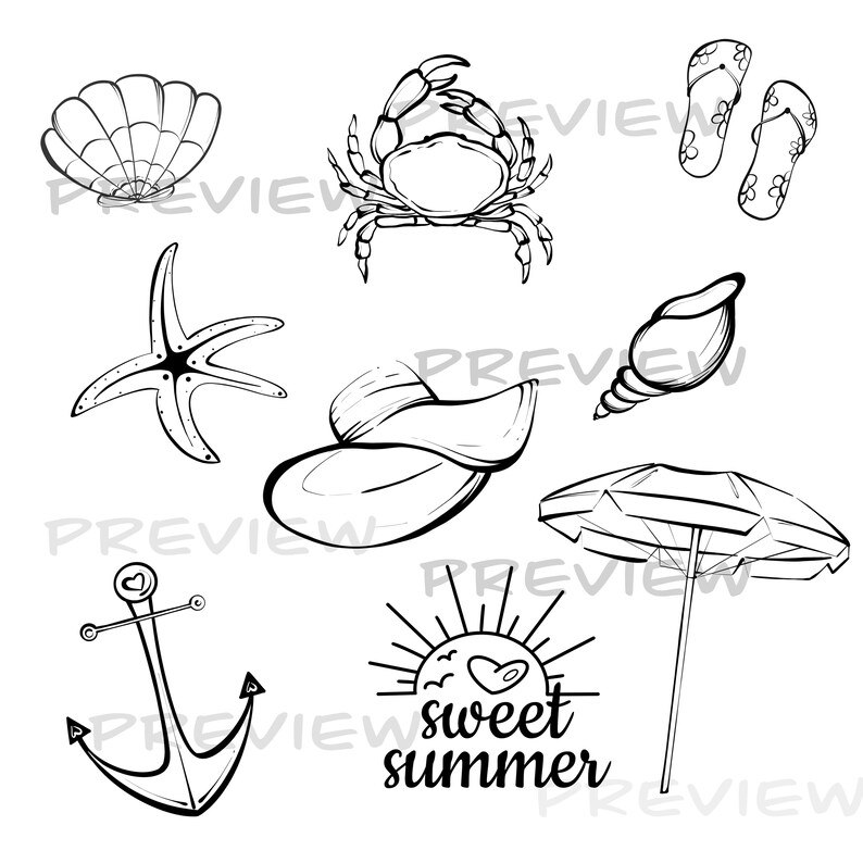 Summer Digital Stamps, Sea Beach Doodle Cliparts, Floral Png, Cocktail ...