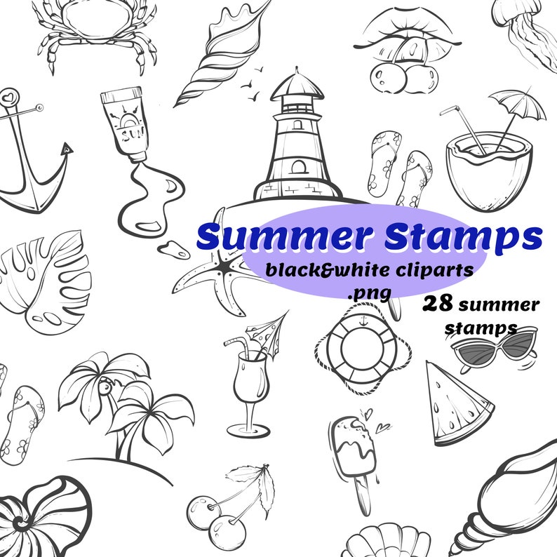 Summer Digital Stamps, Sea Beach Doodle Cliparts, Floral Png, Cocktail ...