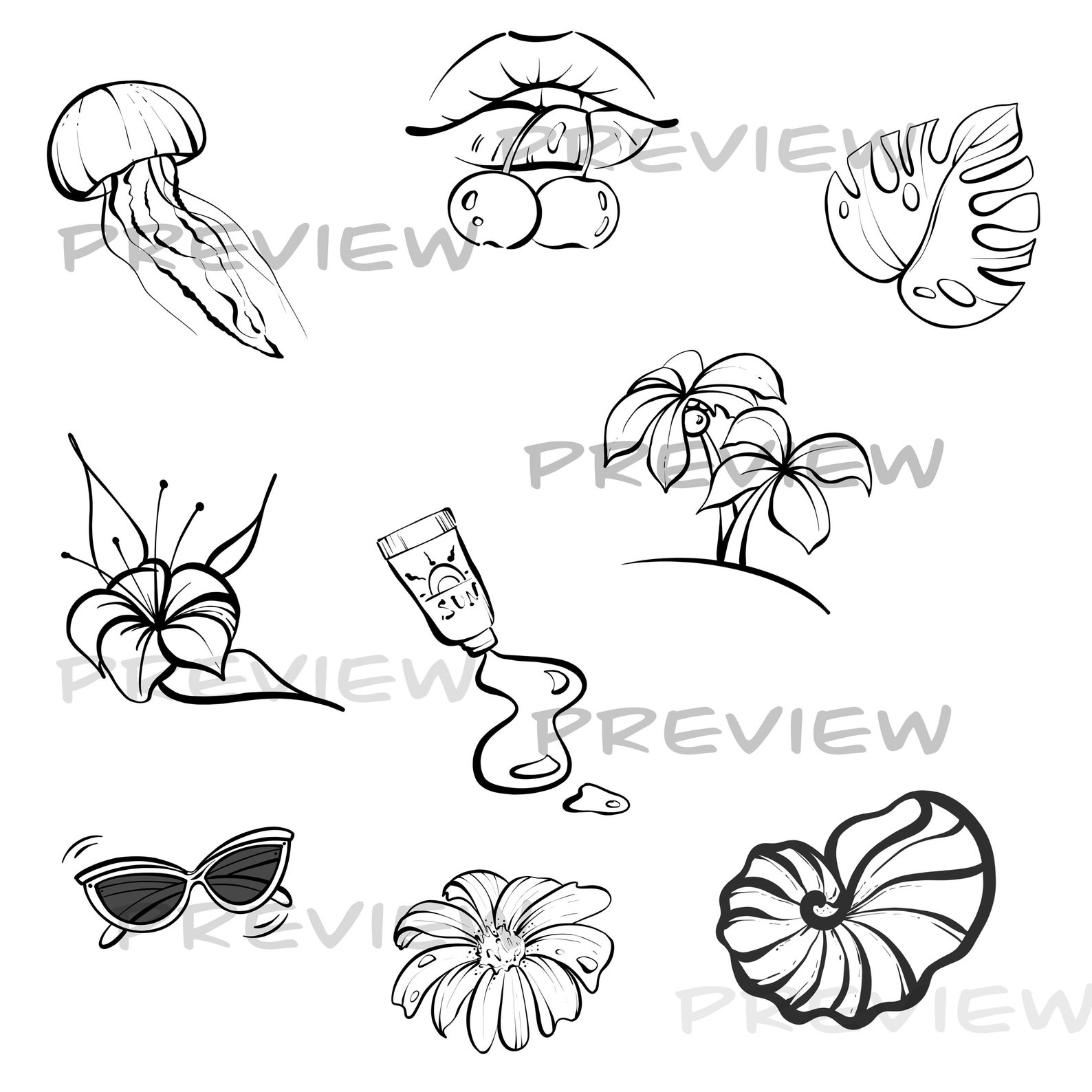 Summer Digital Stamps, Sea Beach Doodle Cliparts, Floral Png, Cocktail ...