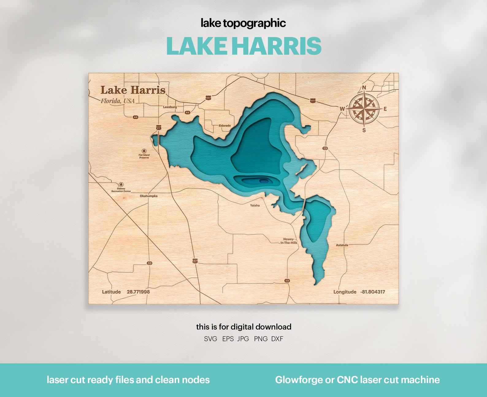 Lake Harris Topographic Map SVG: 3D Wood Wall Decor (digital Download ...