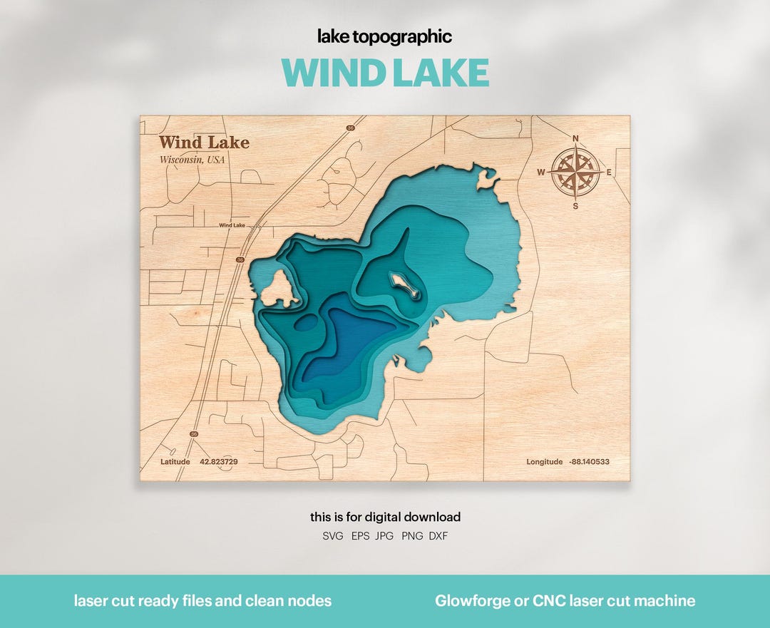 Lake House Decor, Wind Lake Map SVG, Wood Wall Decor Gift, Topographic ...