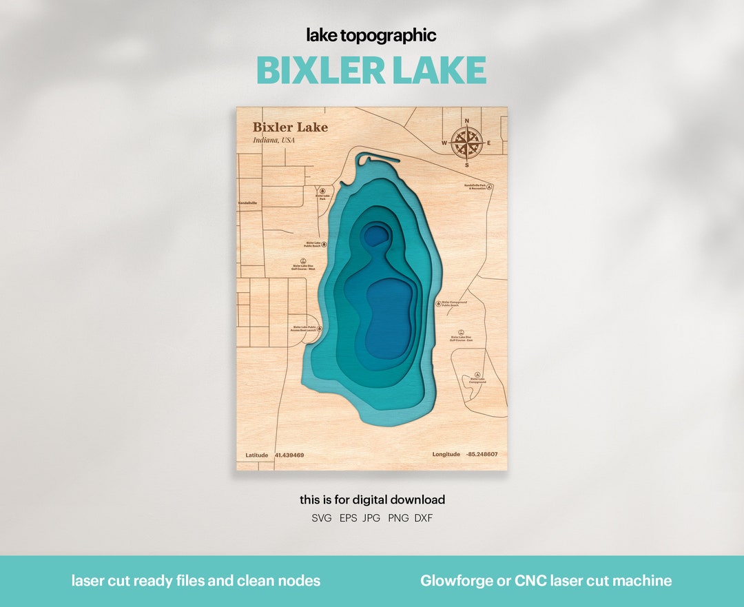 Bixler Lake Map SVG: 3D Topographic Laser Cut File (digital Download ...