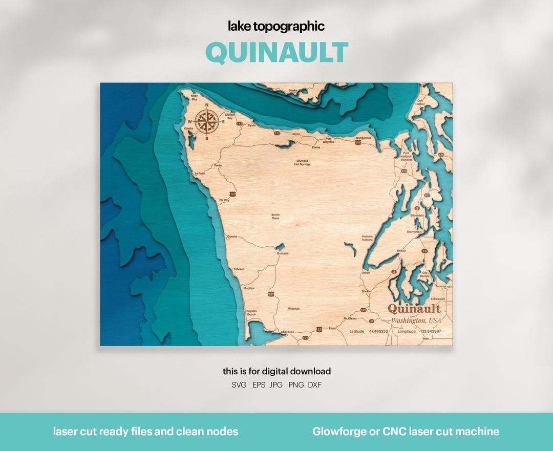Quinault Map SVG : 3D Topographic Lake House Decor (digital Download ...