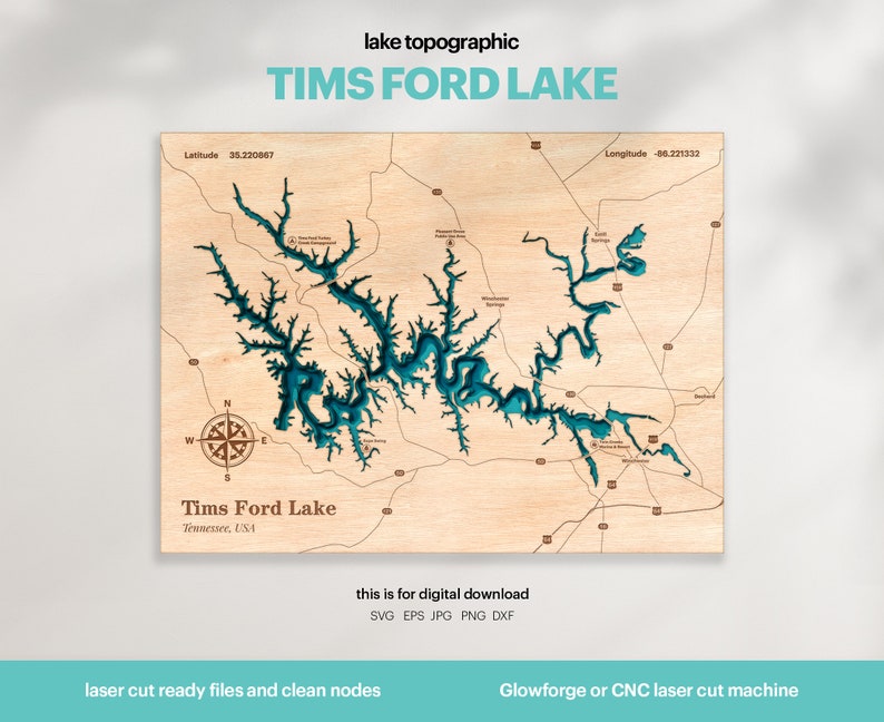 Tims Ford Lake Map SVG: 3D Topographic Laser Cut File (digital Download ...