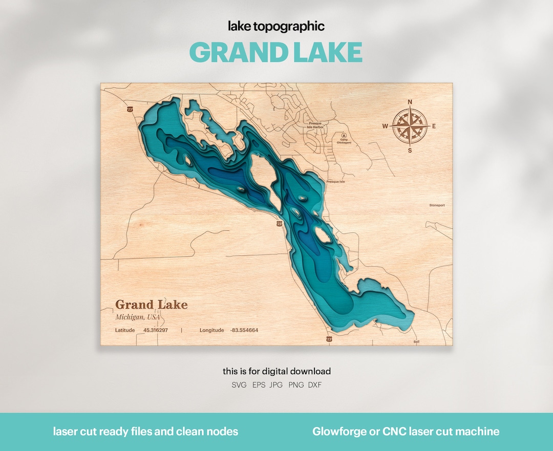 Lake House Decor, Grand Lake Map SVG, Wood Wall Decor Gift, Topographic ...