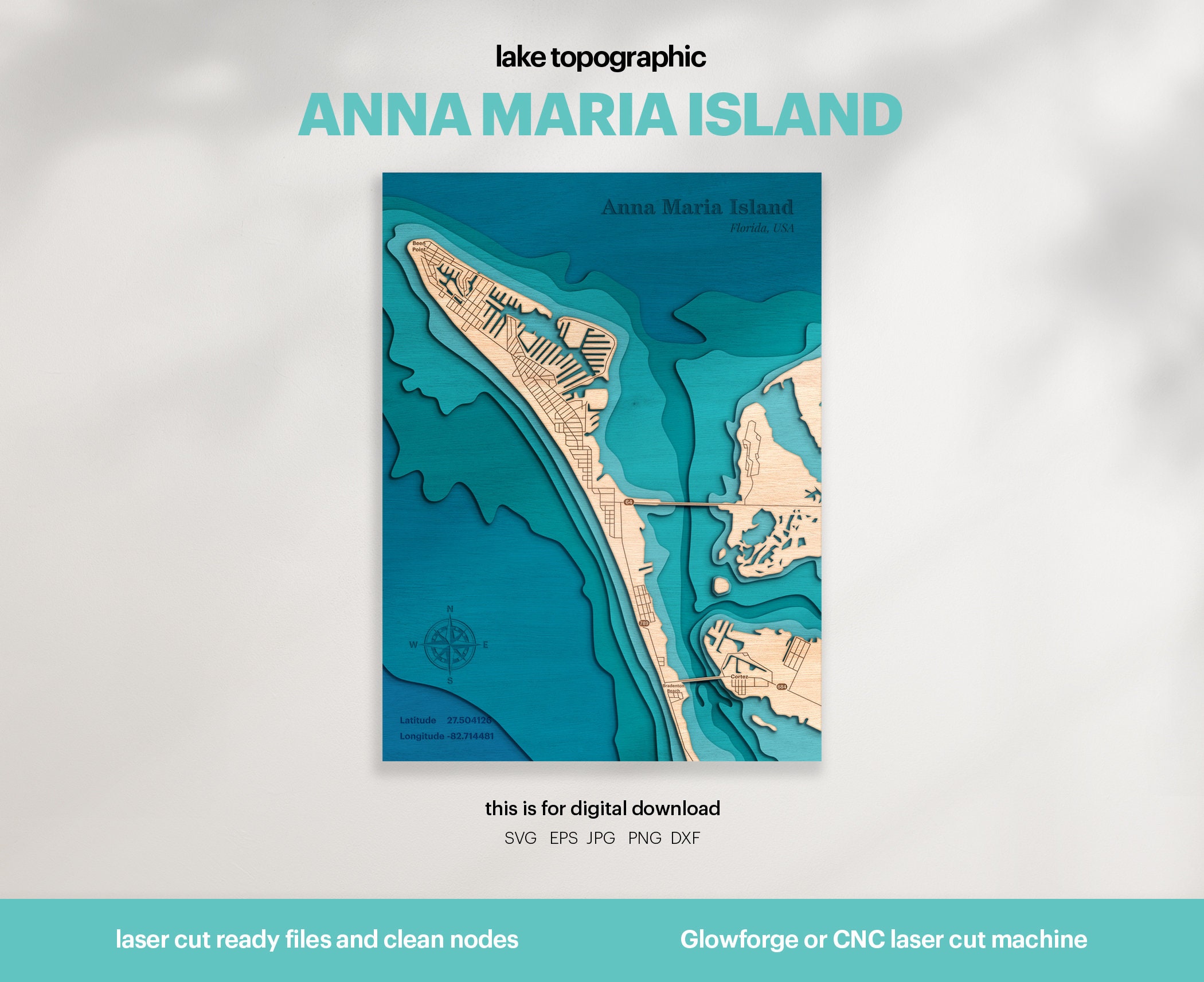 Anna Maria Island Map SVG: 3D Topographic Laser Cut File (digital ...