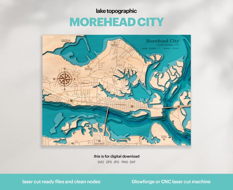 Morehead City Lake Map: 3D Topographic Wood Decor (digital Download) - Etsy