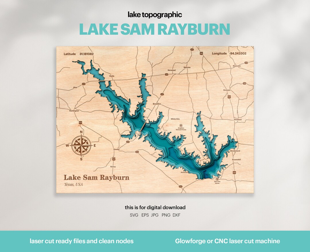 Sam Rayburn Lake Map SVG: 3D Topographic Laser Cut File (digital ...