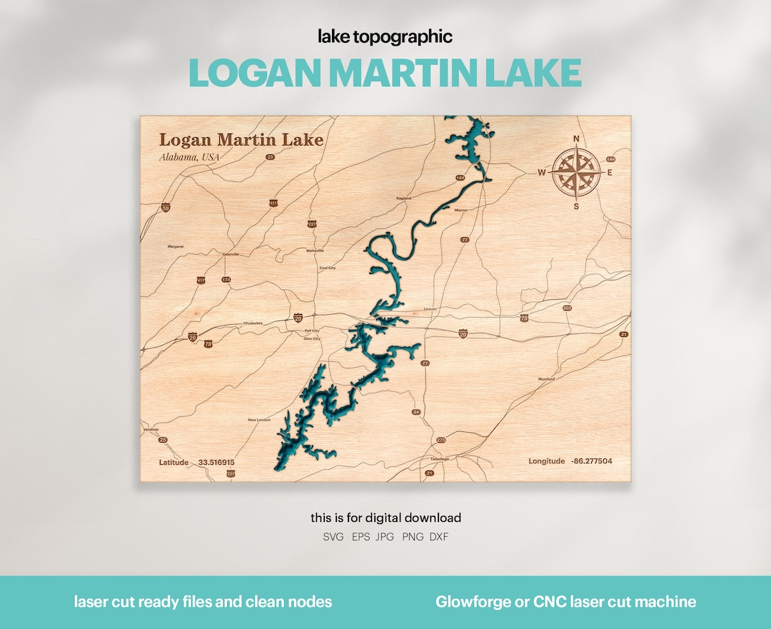 Lake House Decor, Logan Martin Lake Map SVG, Wood Wall Decor Gift ...