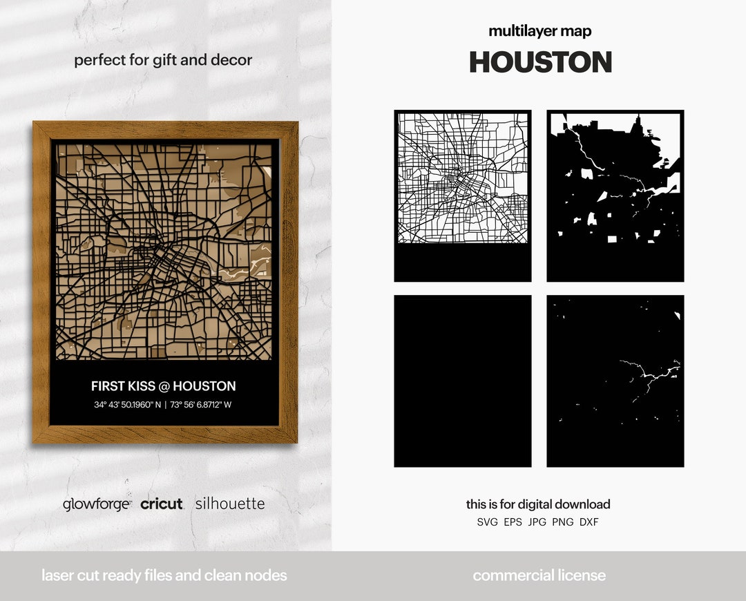 Houston Layered City Map, City Map Wall Art, Multi Layered Street Map ...