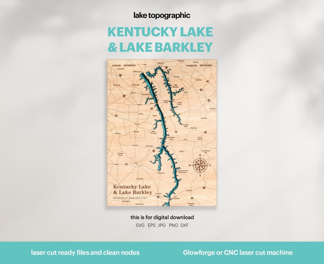 Kentucky Lake & Lake Barkley Map SVG: 3D Topographic Art Decor (digital ...