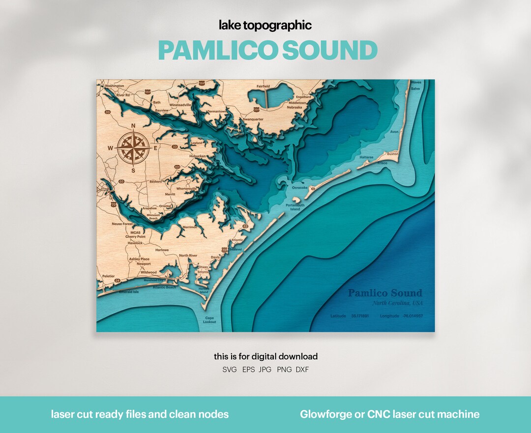 Lake House Decor, Pamlico Sound Lake Map SVG, Wood Wall Decor Gift ...
