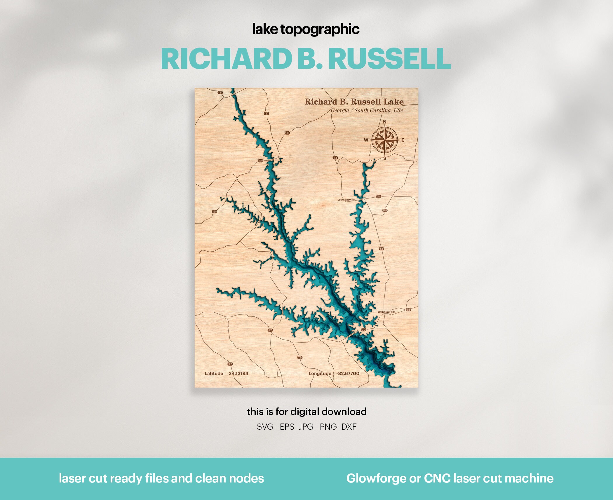 Richard B Russell Lake Map SVG: 3D Topographic Laser Cut File (digital ...