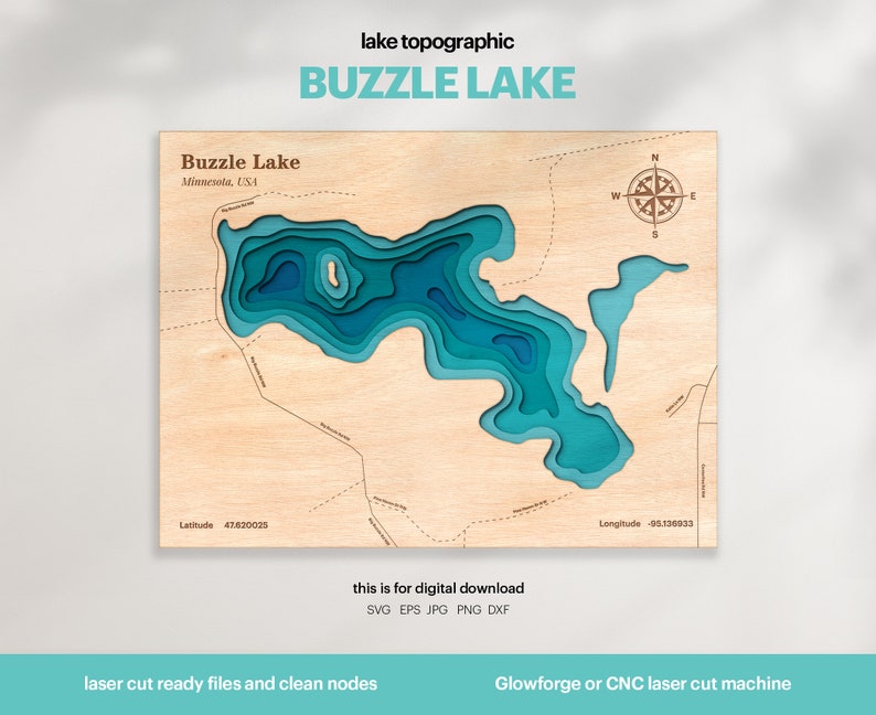 Buzzle Lake Topographic Map SVG: 3D Wood Wall Art (digital Download ...