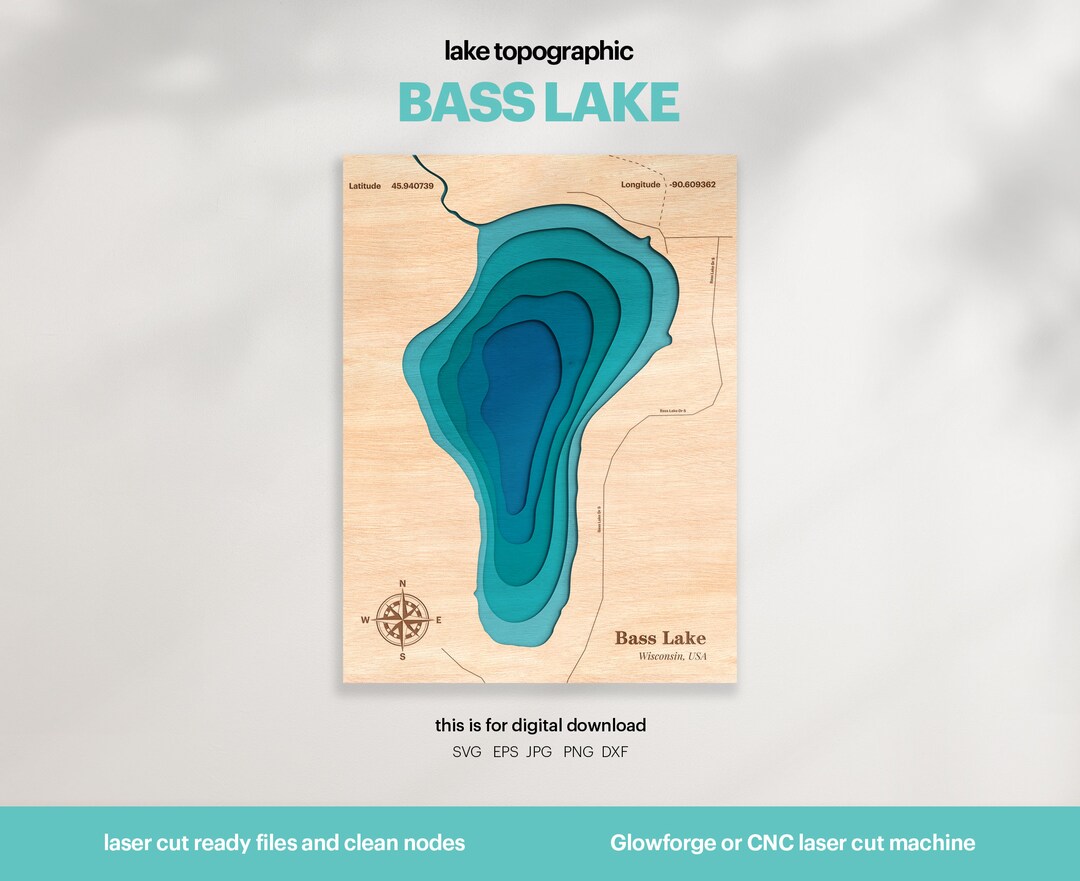 Lake House Decor, Bass Lake Map SVG, Wood Wall Decor Gift, Topographic ...