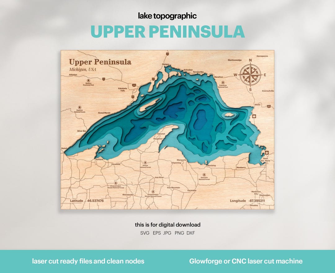 Upper Peninsula Map SVG: 3D Topographic Lake House Decor (digital ...