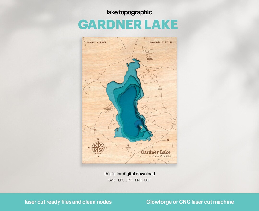 Gardner Lake Map SVG : 3D Topographic Lake House Decor (digital ...