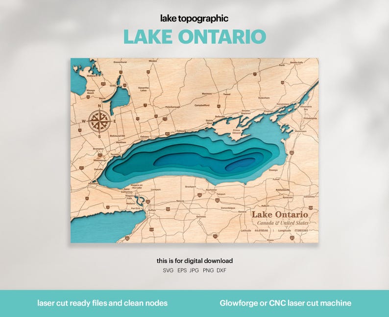 Lake Ontario Map SVG: 3D Topographic Laser Cut File (digital Download ...