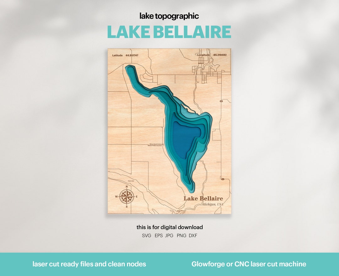 Lake Bellaire Topographic Map SVG: 3D Wood Wall Art (digital Download ...
