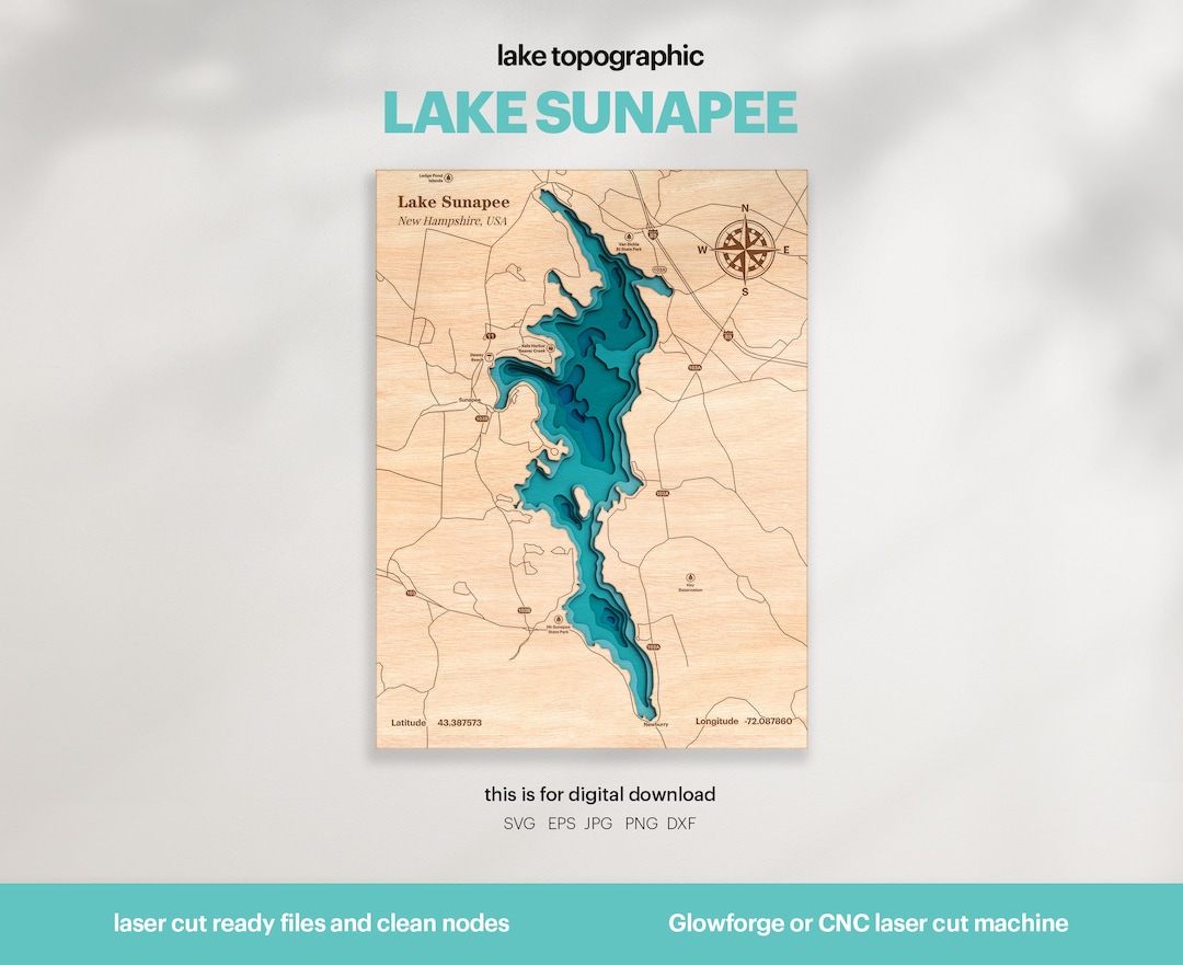 Lake House Decor, Lake Sunapee Map SVG, Map Art, Wood Wall Decor Gift ...