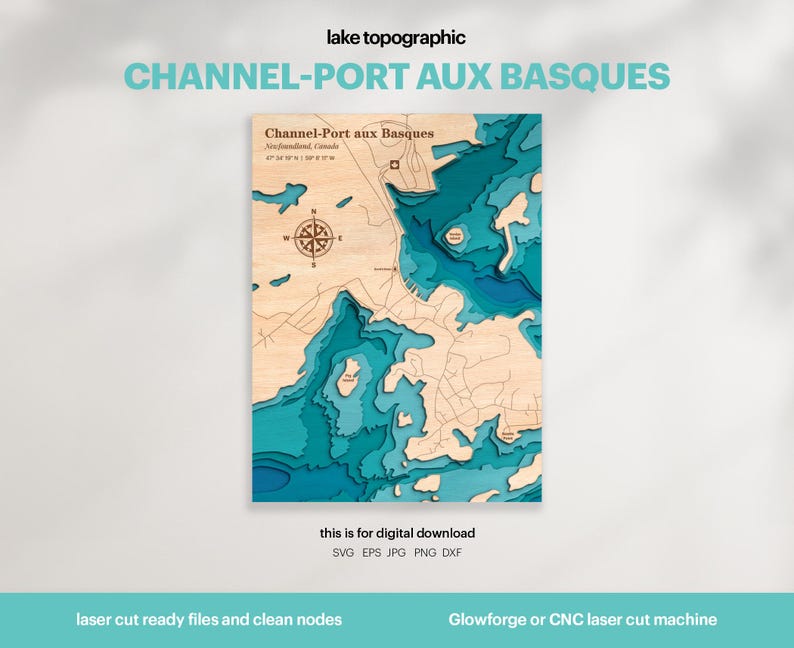 Channel Port Aux Basques Map SVG: 3D Topographic Laser Cut File ...