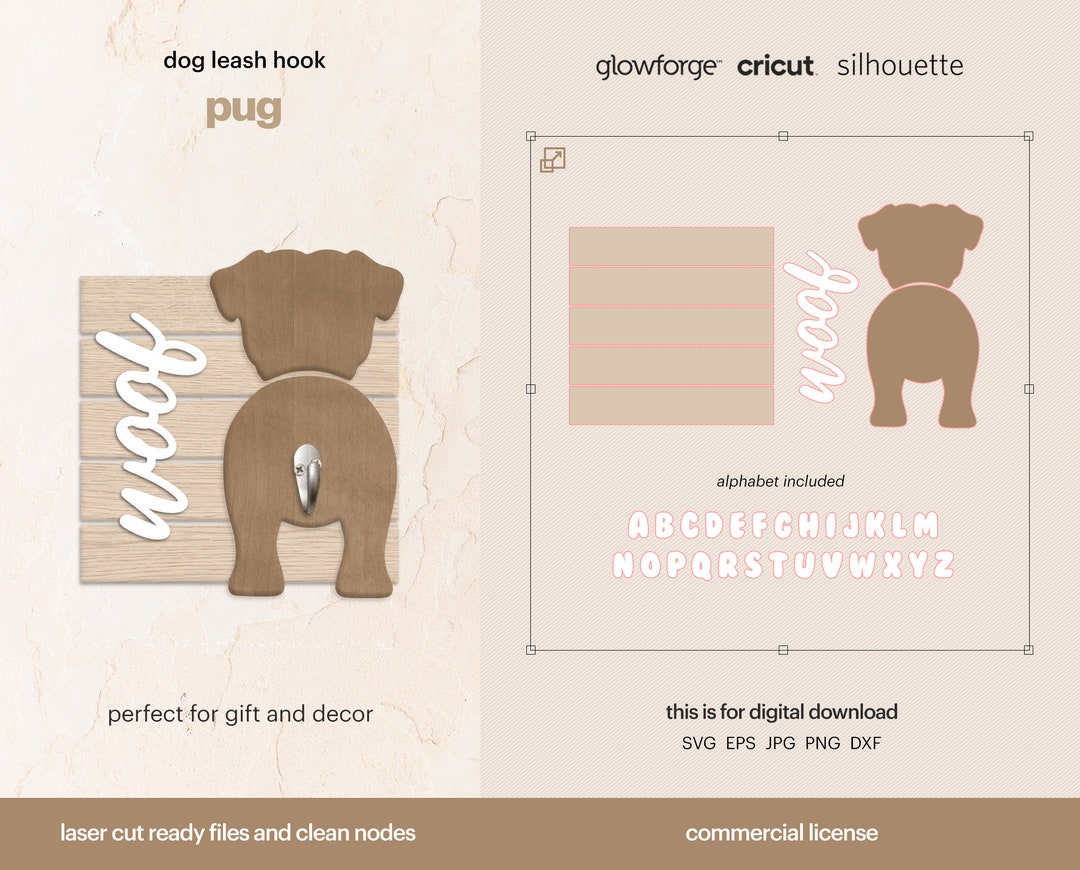 Pug Dog Silhouette SVG, Pug Dog Butt Leash Hook SVG File - Etsy