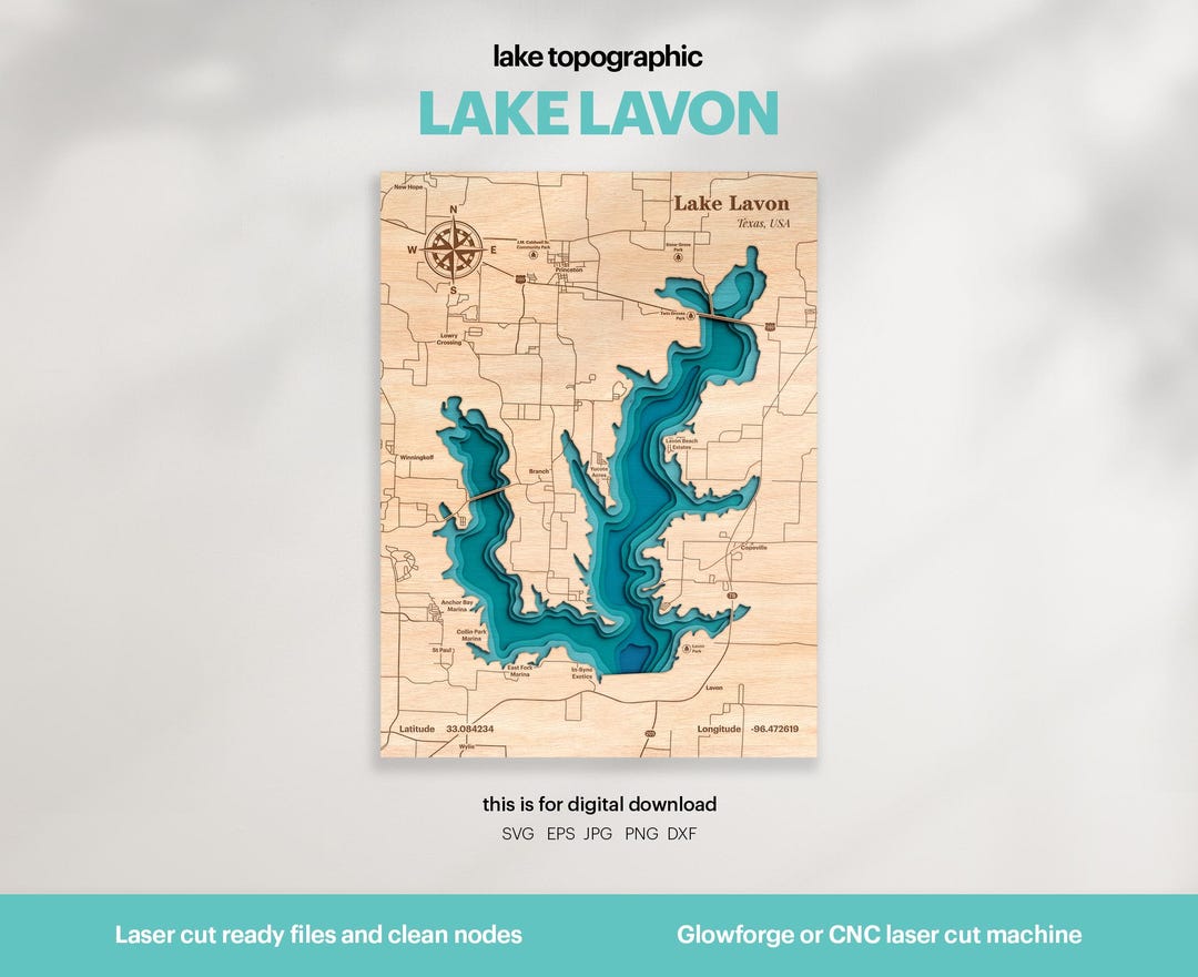 Lake House Decor, Lake Lavon Map SVG, Wood Wall Decor Gift, Topographic ...