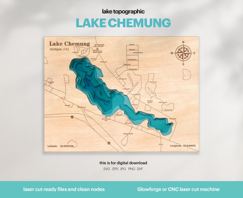 Lake Chemung Map SVG: Topographic Wood Decor, Glowforge File (digital ...