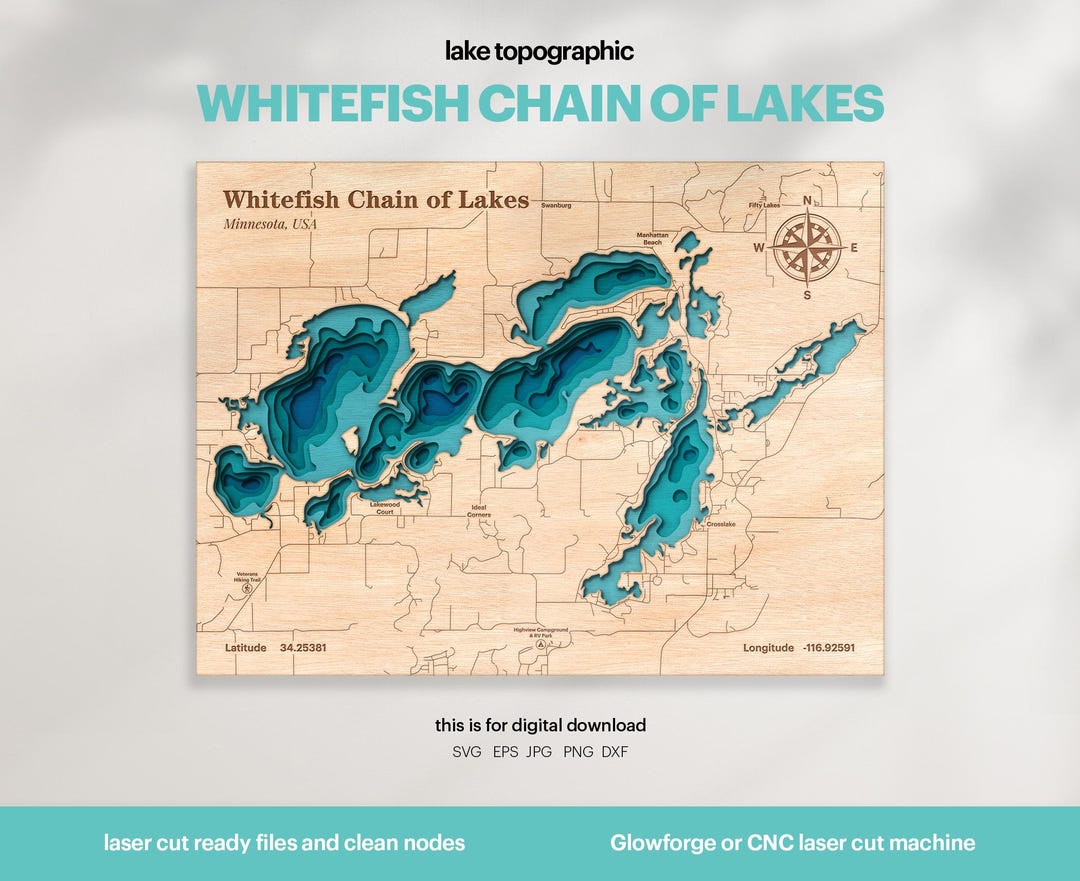 Lake House Decor, Whitefish Chain of Lakes Map SVG, Wood Wall Decor ...