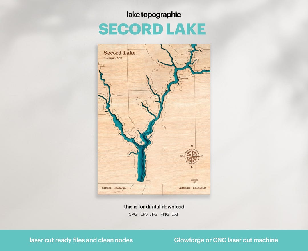 Secord Lake Map SVG: 3D Topographisch See Haus Dekor (Digitaler ...