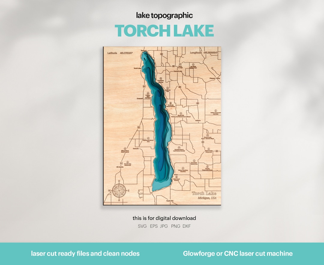 Lake House Decor, Torch Lake Map SVG, Wood Wall Decor Gift, Topographic ...