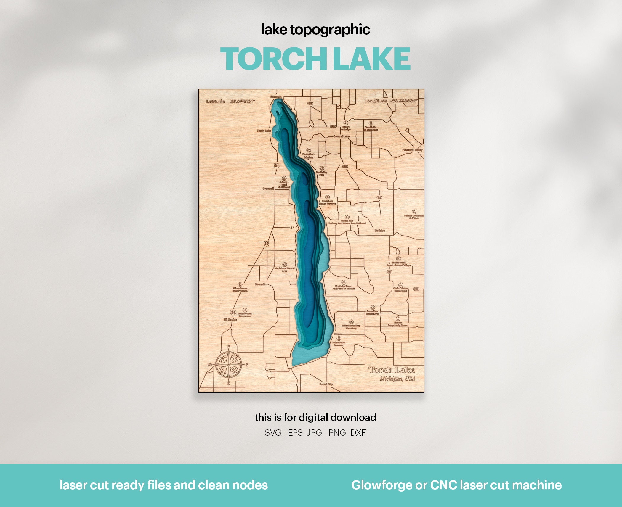 Torch Lake Map SVG: 3D Topographic Wood Wall Art (digital Download) - Etsy