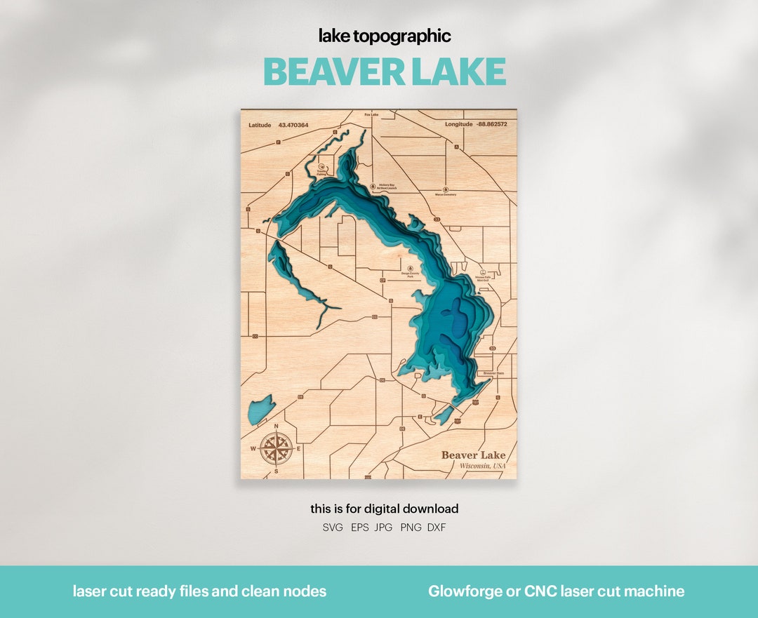 Beaver Lake Topographic Map SVG: 3D Wood Wall Art (digital Download ...