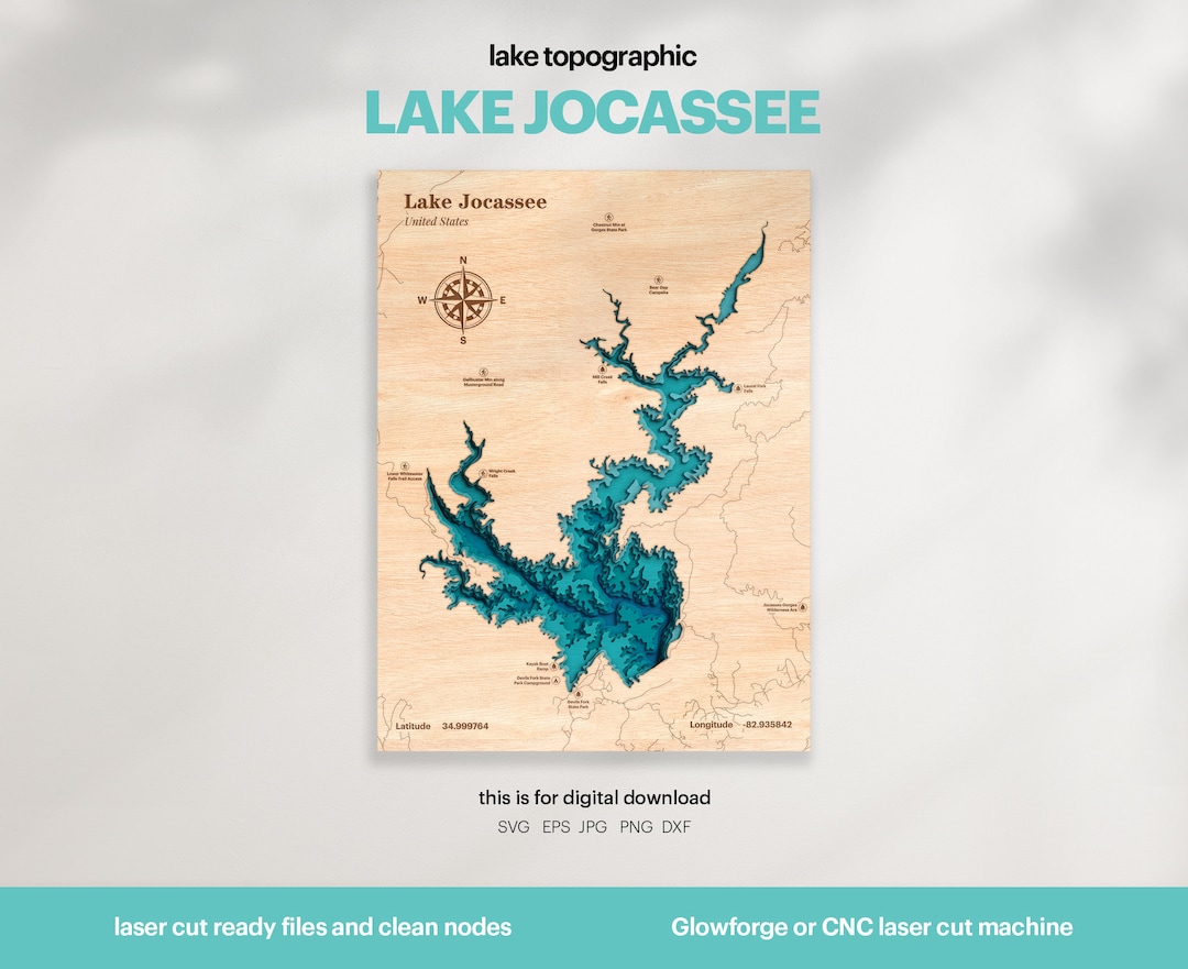 Lake House Decor, Jocassee Lake Map SVG, Wood Wall Decor Gift, Topographic, 3D Custom Maps ...
