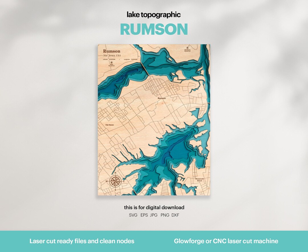 Lake House Decor, Rumson New Jersey Lake Map SVG, Wood Wall Decor Gift ...