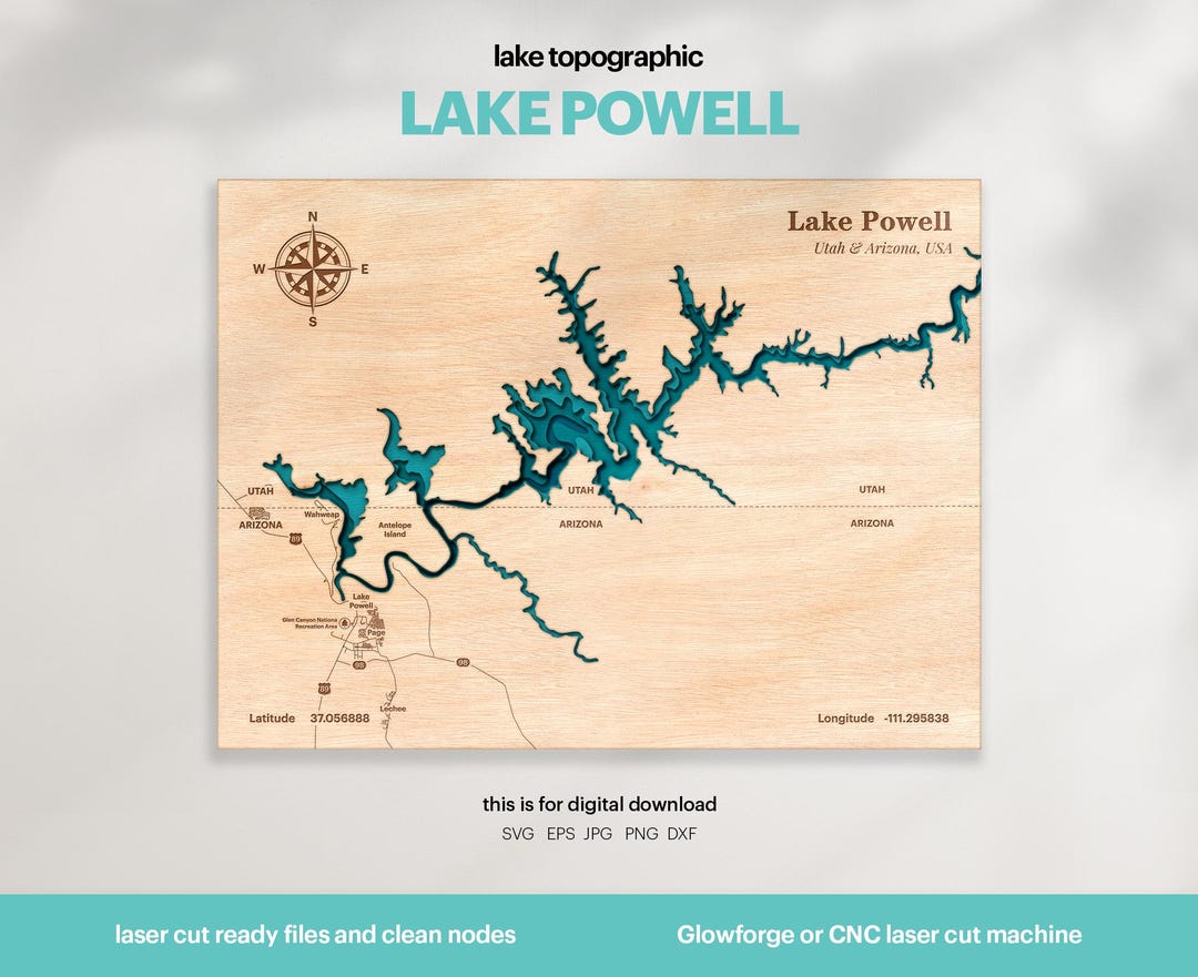 Lake House Decor, Lake Powell Utah & Arizona Map SVG, Wood Wall Decor ...