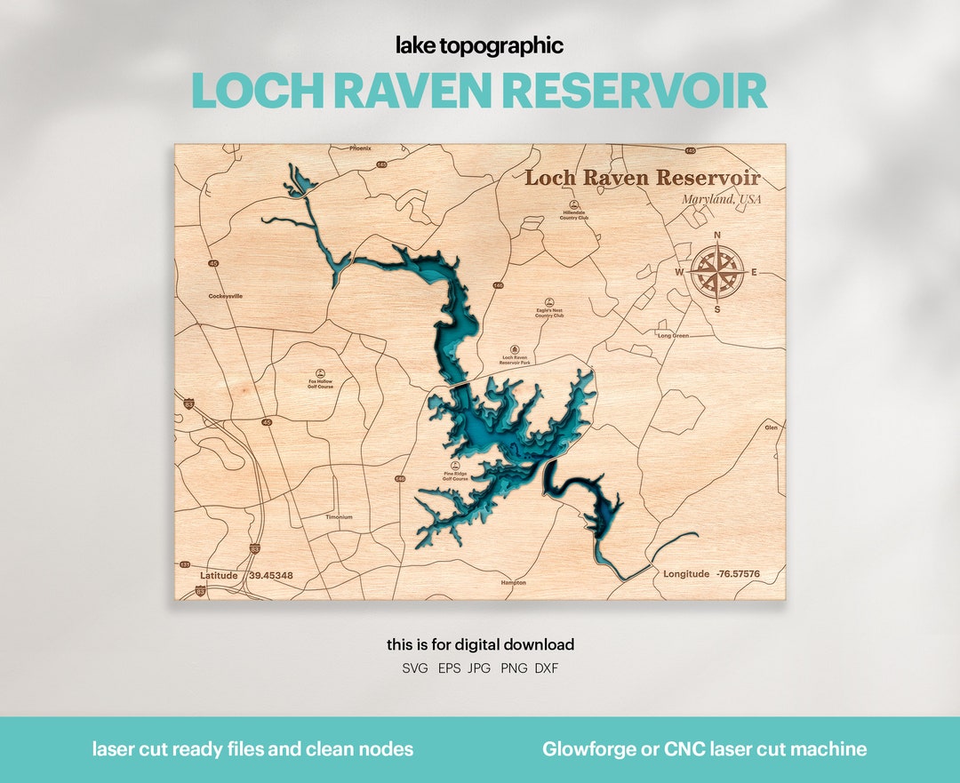 Lake House Decor, Loch Raven Reservoir Lake Map SVG, Wood Wall Decor ...