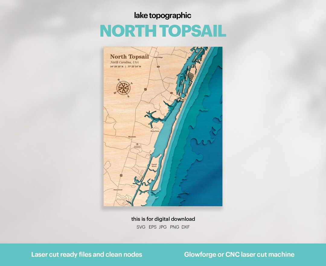 North Topsail Map SVG: 3D Topographic Lake House Decor (digital ...