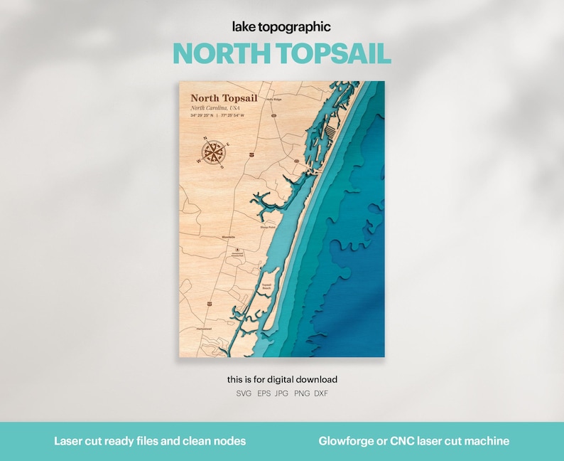 North Topsail Map SVG: 3D Topographic Lake House Decor (digital ...